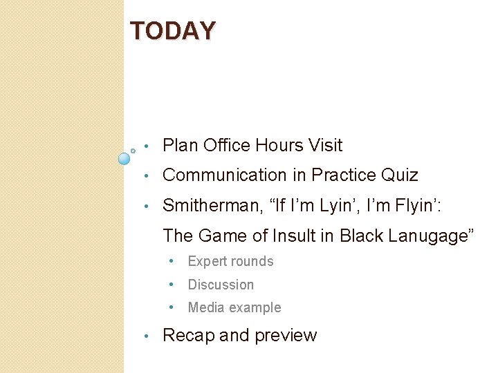 TODAY Plan Office Hours Visit Communication in Practice