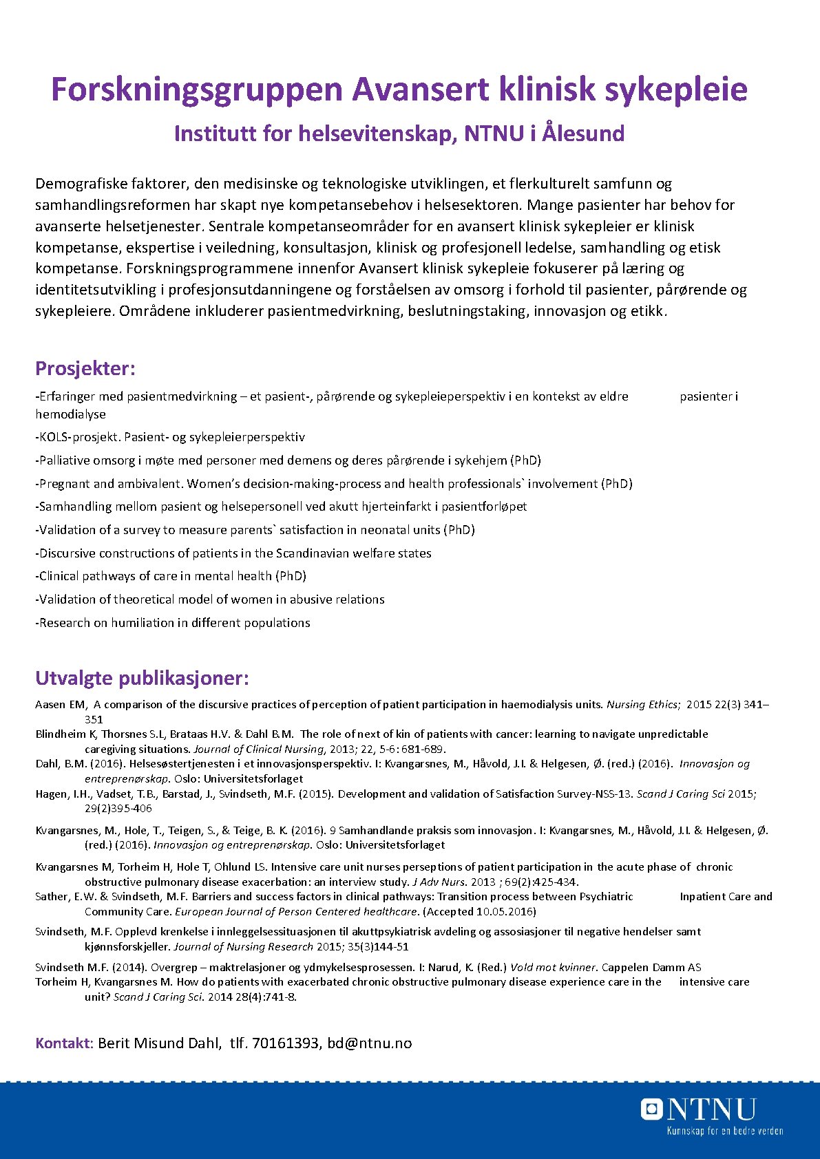 Forskningsgruppen Avansert klinisk sykepleie Institutt for ...