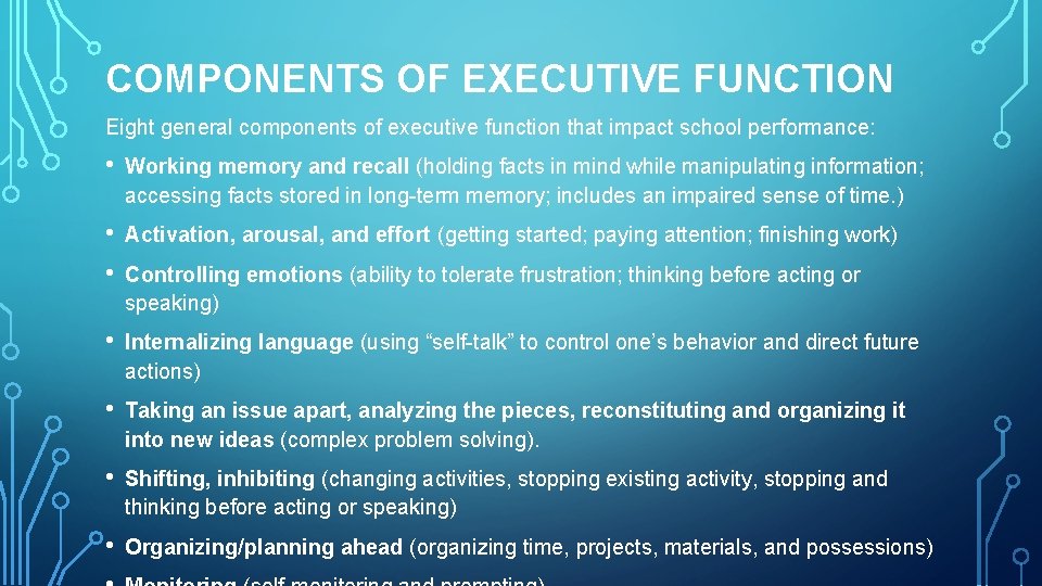 UNDERSTANDING EXECUTIVE FUNCTIONS AND INTERVENTIONS DAVID W HOLDEFER