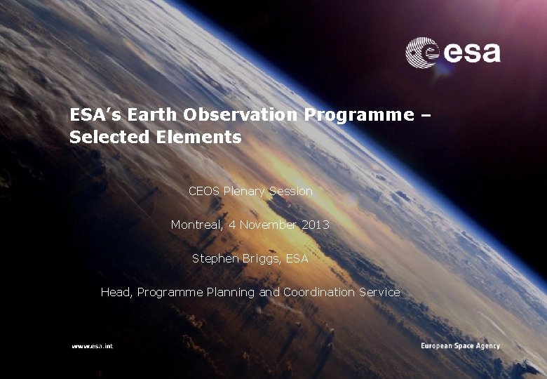 ESAs Earth Observation Programme Selected Elements CEOS Plenary