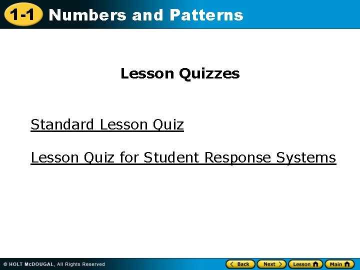 1 1 Numbers and Patterns Lesson Quizzes Standard