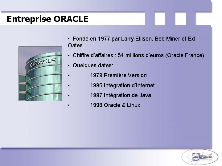 Laboratoire Supinfo des technologies Oracle Prsentation du Laboratoire