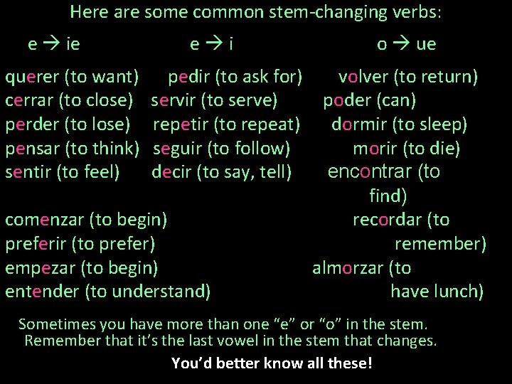 Irregular StemChanging Verbs Summary Stemchanging verbs have a