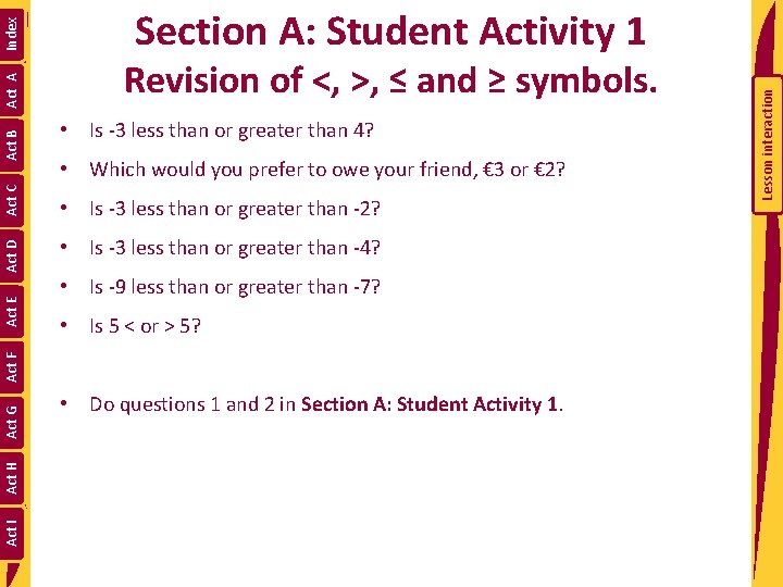 Section A Revision of and symbols Section B
