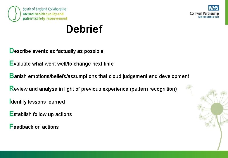 Main title slide page Welcome Debriefing Level 1