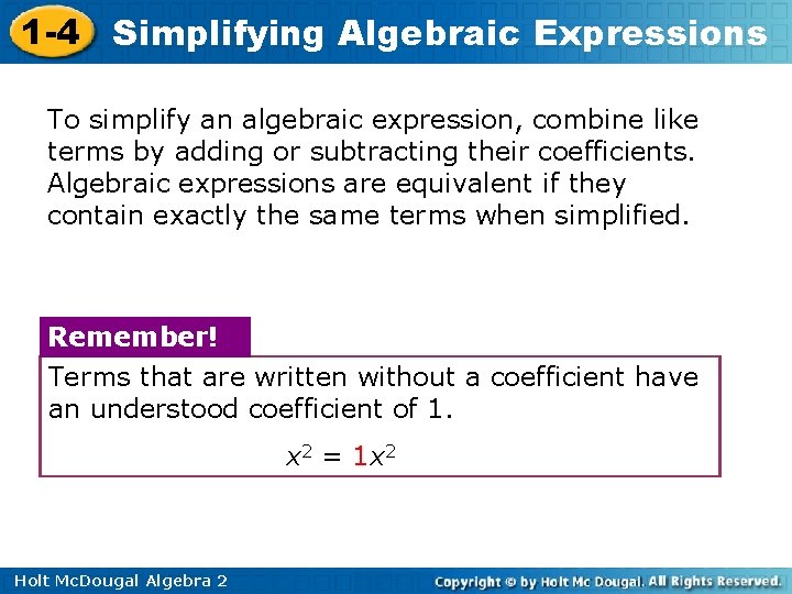 1 4 Simplifying Algebraic Expressions Warm Up Lesson