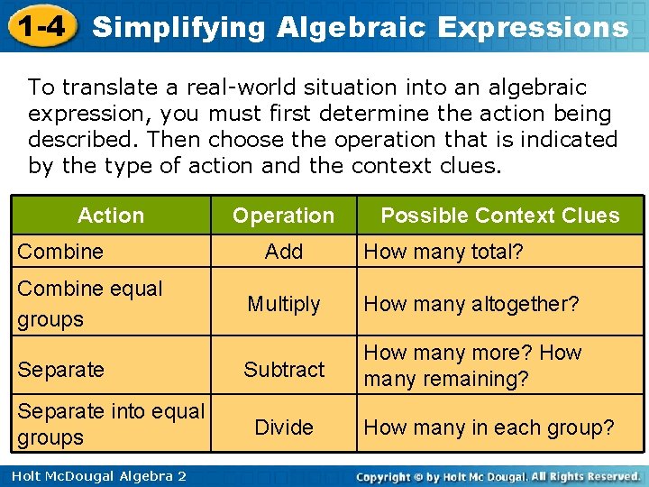 1 4 Simplifying Algebraic Expressions Warm Up Lesson