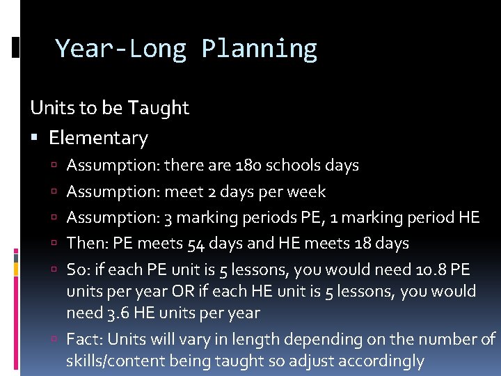 IMPLEMENTING THE PLAN YearLong Planning Calendar models Sept