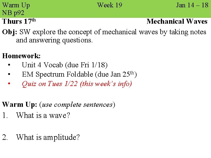 Warm Up NB p 92 Week 19 Jan