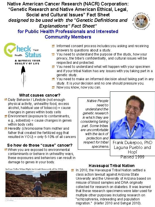 Native American Cancer Research NACR Corporation Genetic Research