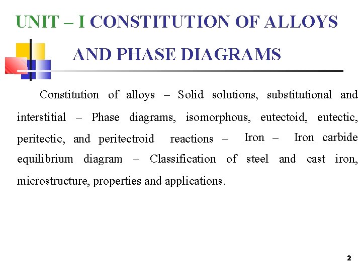 UNIT I CONSTITUTION OF ALLOYS AND PHASE DIAGRAMS