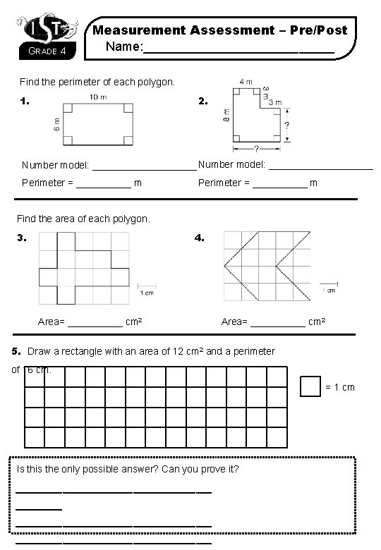 GRADE 4 Measurement Assessment PrePost Name Find the