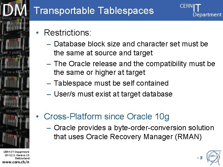 Transportable Tablespaces for Scalable ReInstantiation Eva Dafonte Prez