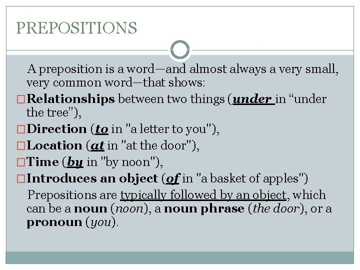 PREPOSITIONS A preposition is a wordand almost always