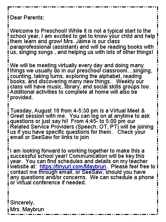 Dear Parents Welcome to Preschool While it is