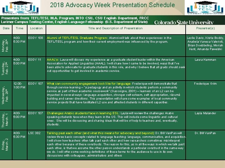2018 Advocacy Week Presentation Schedule Presenters from TEFLTESL