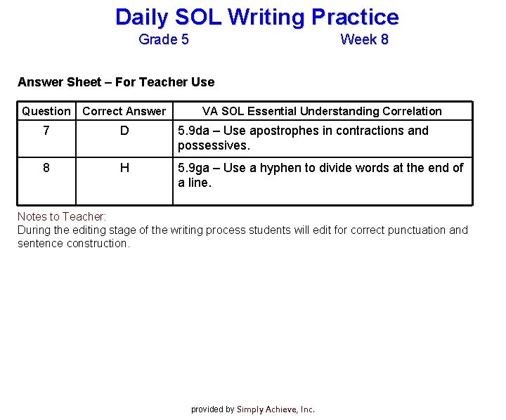 Daily SOL Writing Practice Grade 5 Week 8