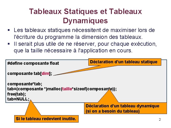 Les Pointeurs et les Tableaux Statiques et Tableaux