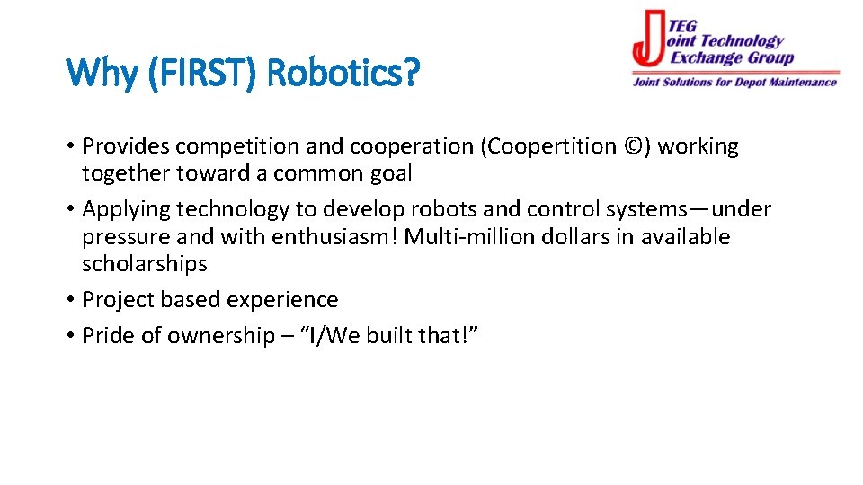 FIRST Robotics John Luvera RD Program Manager Defense