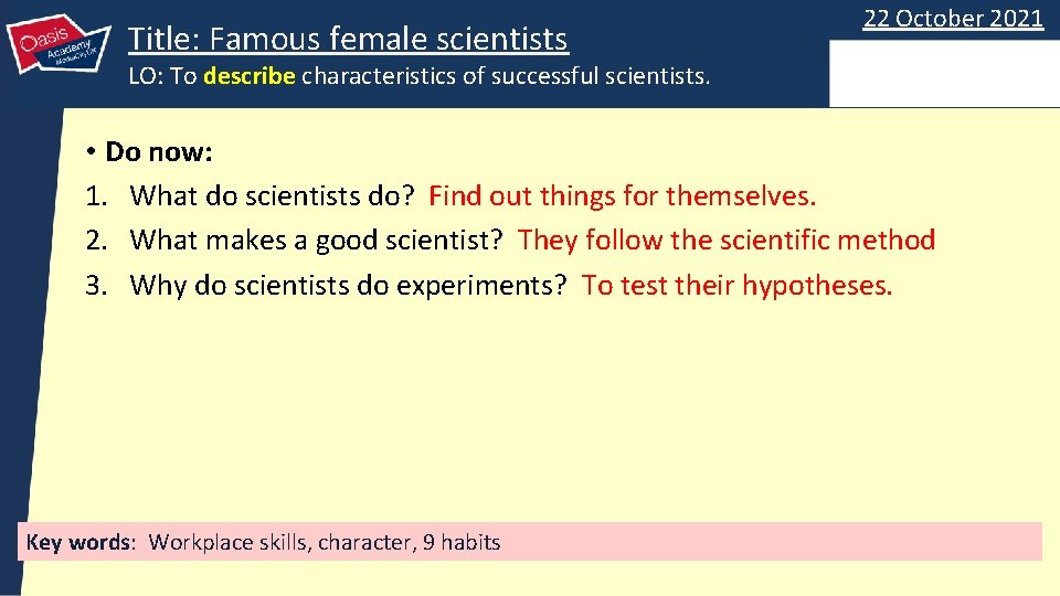 Title Famous female scientists LO To describe characteristics