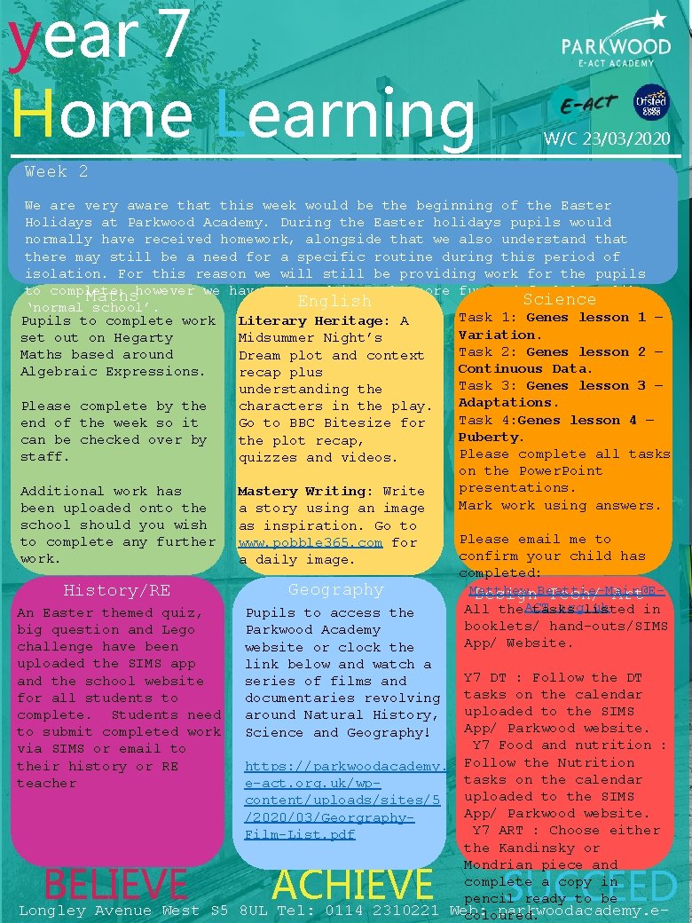 year 7 Home Learning WC 23032020 Week 2