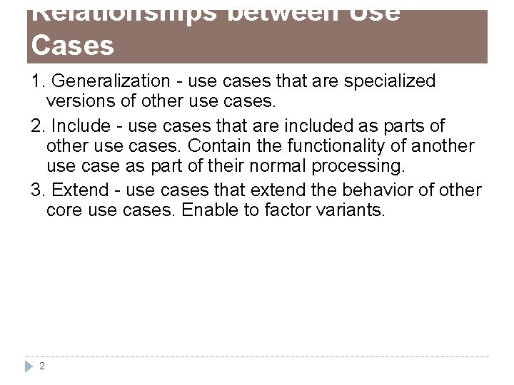 Use Case Diagrams2 Relationships between Use Cases 1