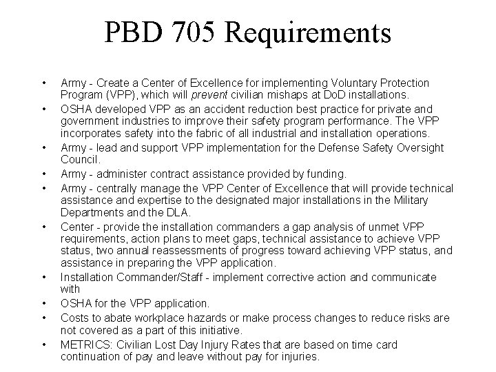 PBD 705 Requirements Army Create a Center of