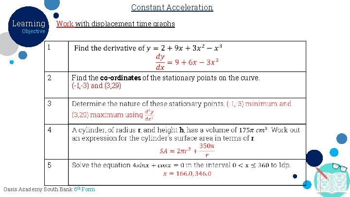 Constant Acceleration Learning Work with displacement time graphs