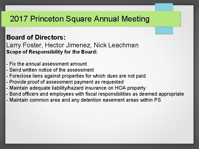 2017 Princeton Square Annual Meeting Board of Directors