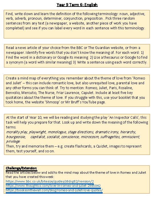 YEAR 9 WORK Week beginning 6 th July