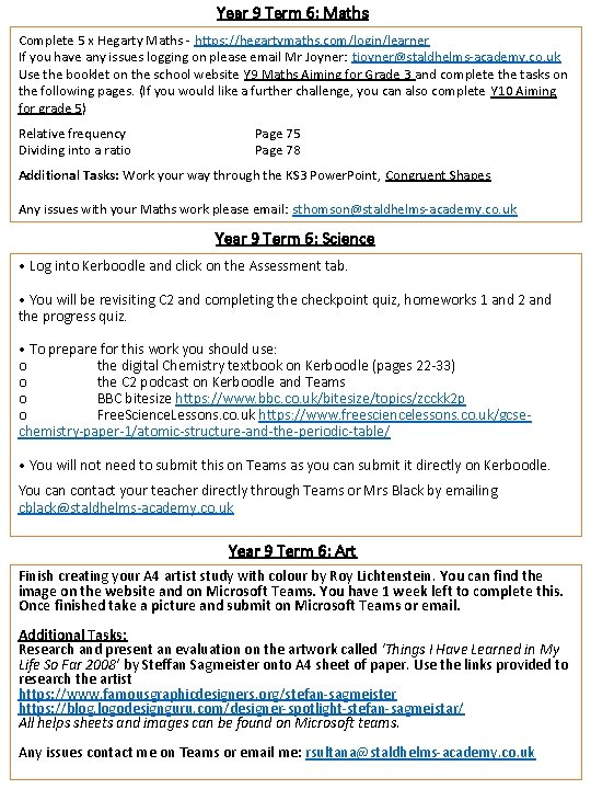 YEAR 9 WORK Week beginning 6 th July