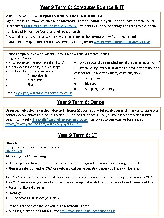 YEAR 9 WORK Week beginning 6 th July