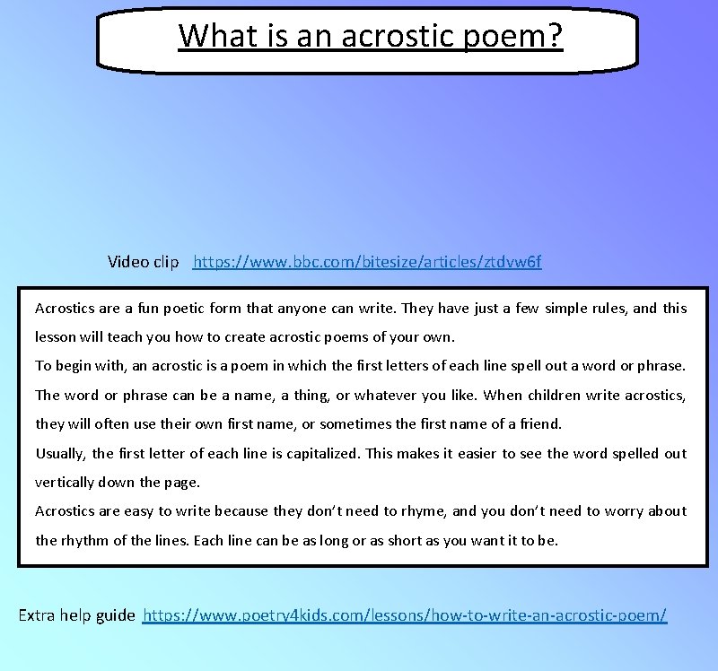 We are learning to plan an acrostic poem