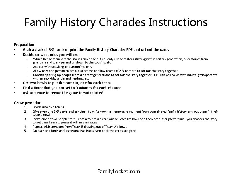 Family History Charades Instructions Preparation Grab a stack