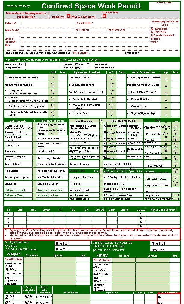 Permit Number Confined Space Work Permit Meraux Refinery