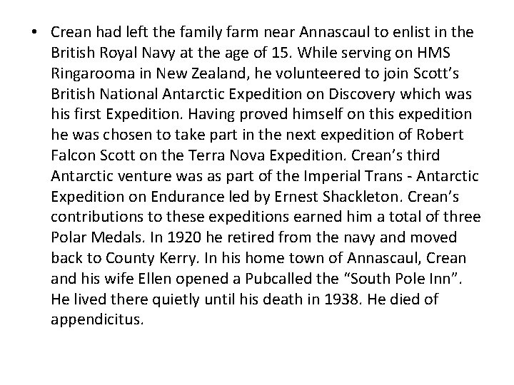 Tom Creans Early Life Tom Crean was born