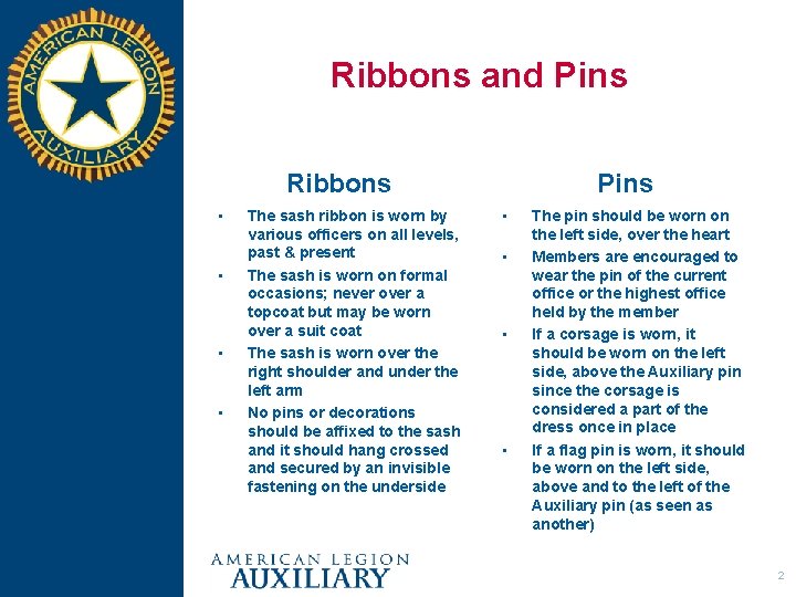 American Legion Auxiliary Protocol 1 Ribbons and Pins