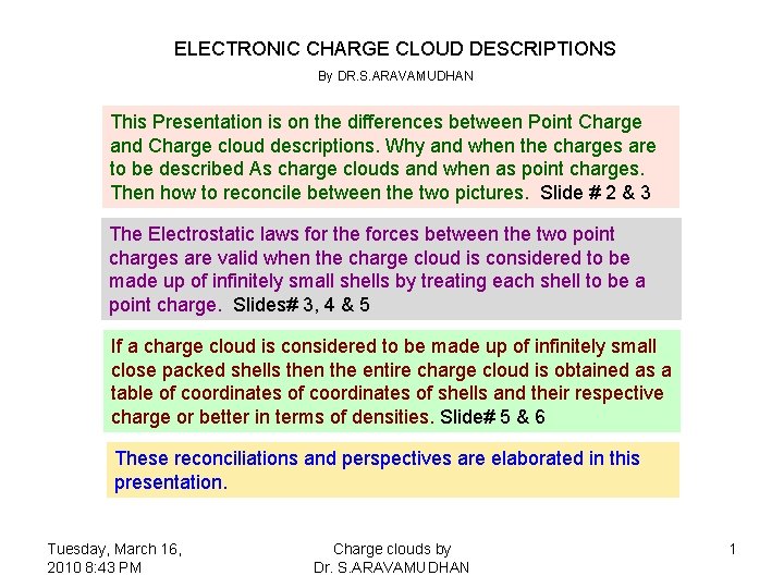 ELECTRONIC CHARGE CLOUD DESCRIPTIONS By DR S ARAVAMUDHAN