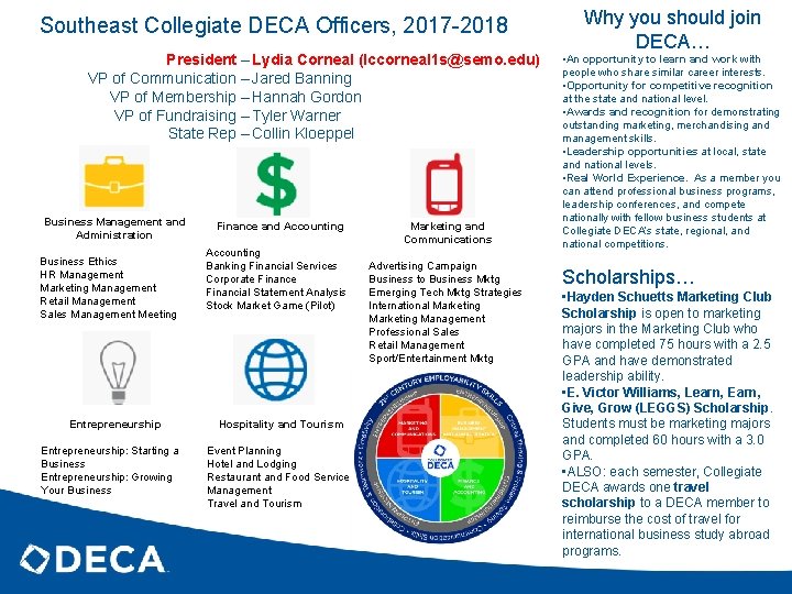 Southeast Collegiate DECA Officers 2017 2018 President Lydia