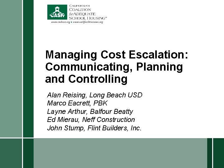 Managing Cost Escalation Communicating Planning and Controlling Alan