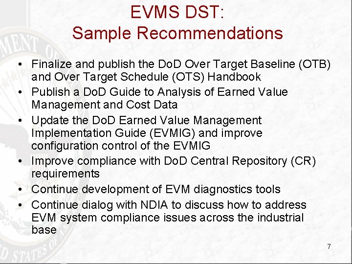 Earned Value Management Systems EVMS Defense Support Team