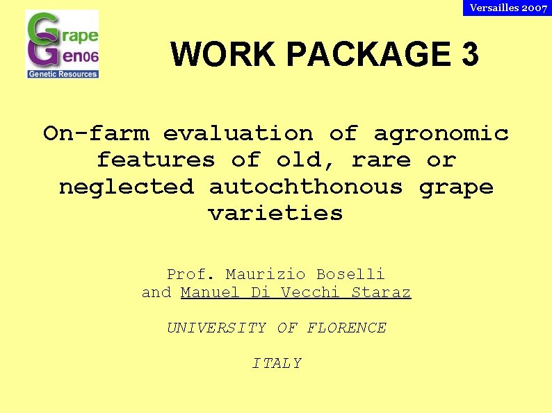 Versailles 2007 WORK PACKAGE 3 Onfarm evaluation of