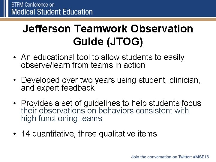 The Jefferson Teamwork Observation Guide JTOG Using a