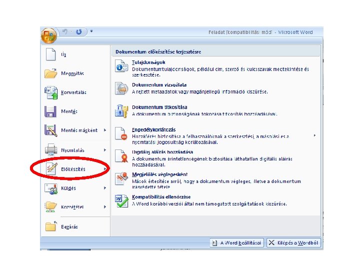 Word 2007 Az Office gomb lehetsgei Rgztett dokumentum