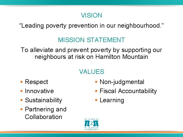 VISION Leading poverty prevention in our neighbourhood MISSION