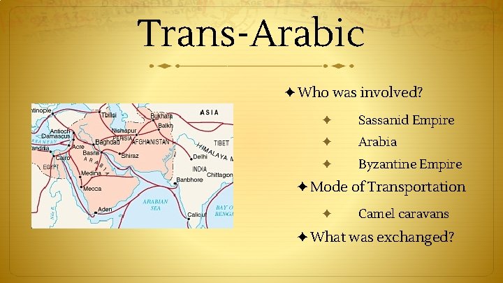 Trade Routes TransArabic Who was involved Sassanid Empire