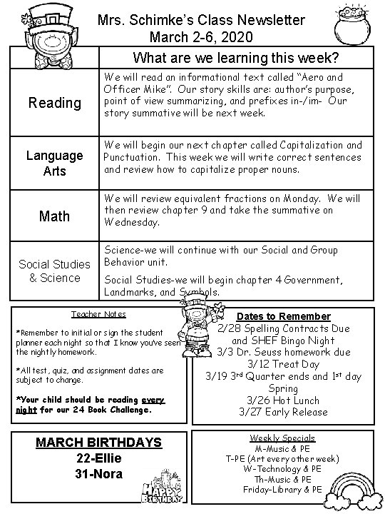 Mrs Schimkes Class Newsletter March 2 6 2020