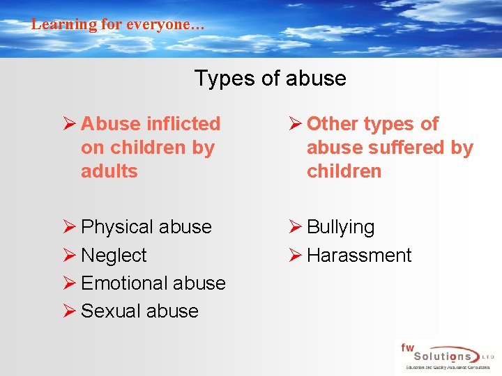 Learning for everyone Different Types of Child Abuse