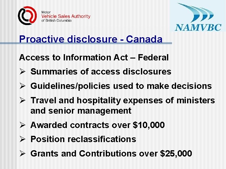 Proactive Disclosure in Canada and British Columbia New