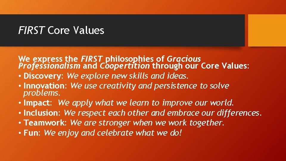 Core Values Brainstem Barn September 15 2018 FIRST